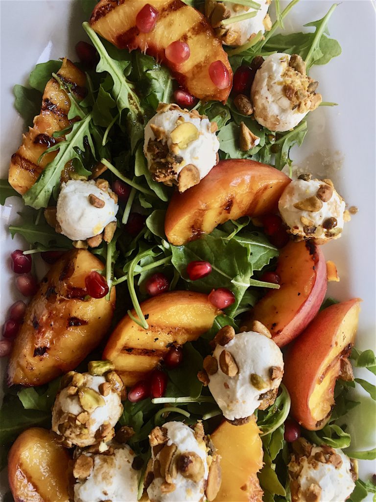 Arugula and Peach Salad with Pistachio Goat's Cheese Balls